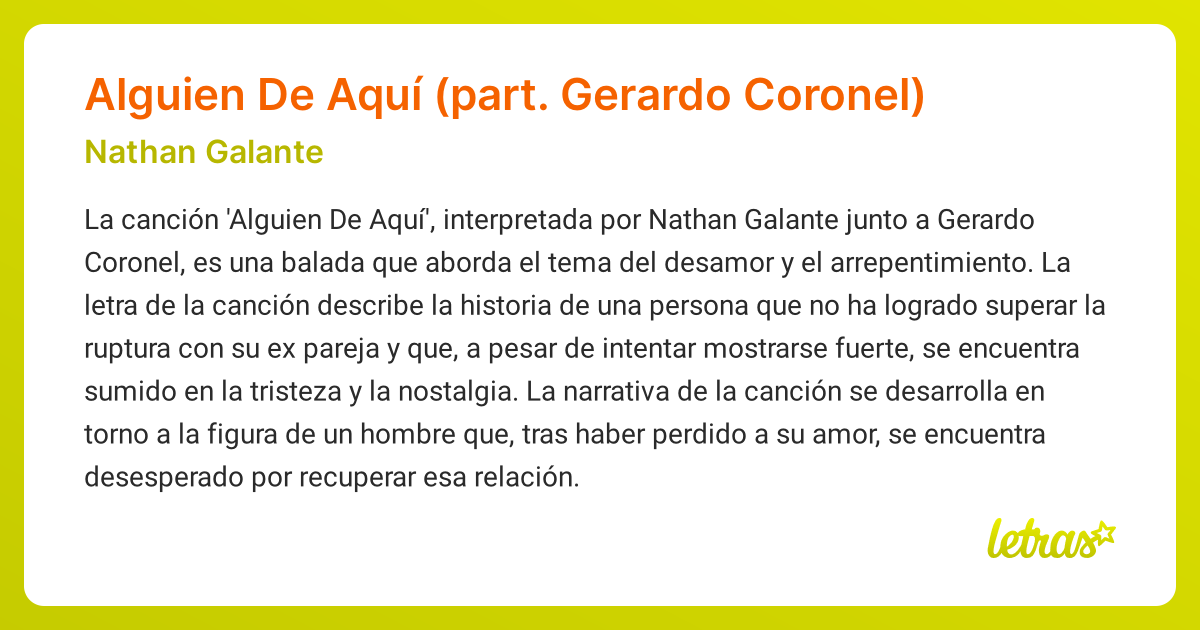 Significado de la canción Alguien De Aquí (part. Gerardo Coronel) (Nathan Galante) - LETRAS.COM
