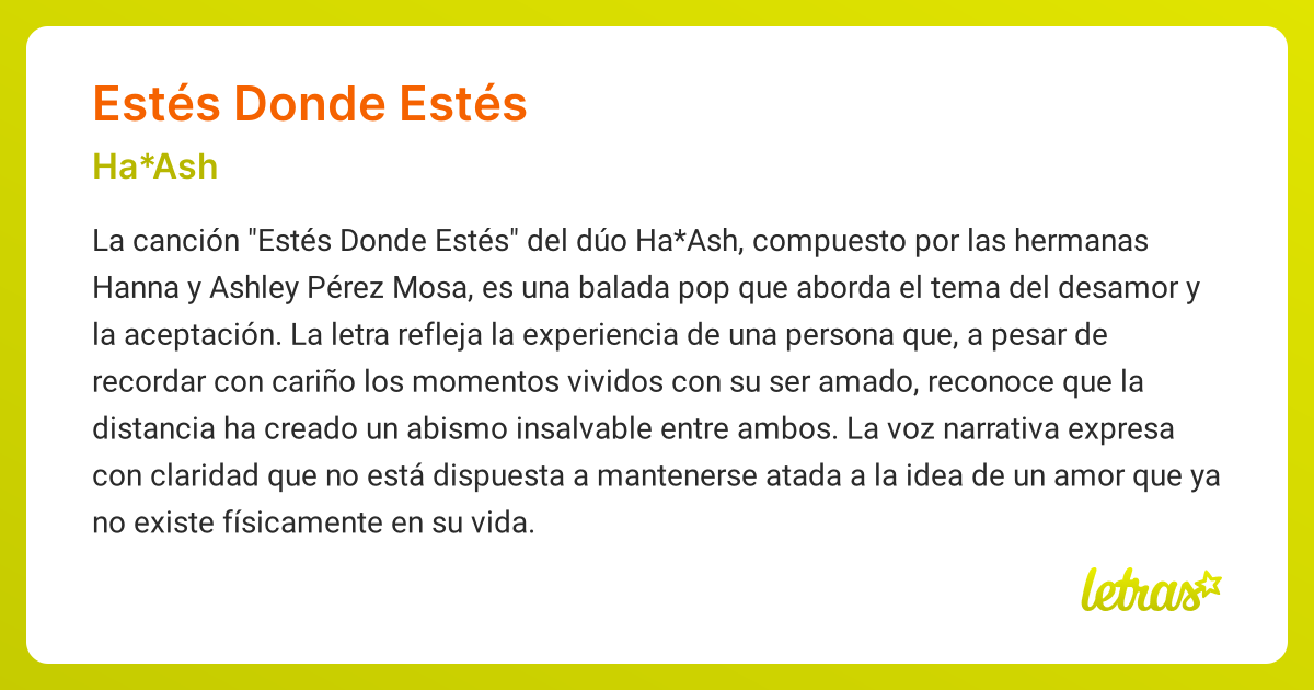 Significado de la canción ESTÉS DONDE ESTÉS (Ha*Ash) - LETRAS.COM