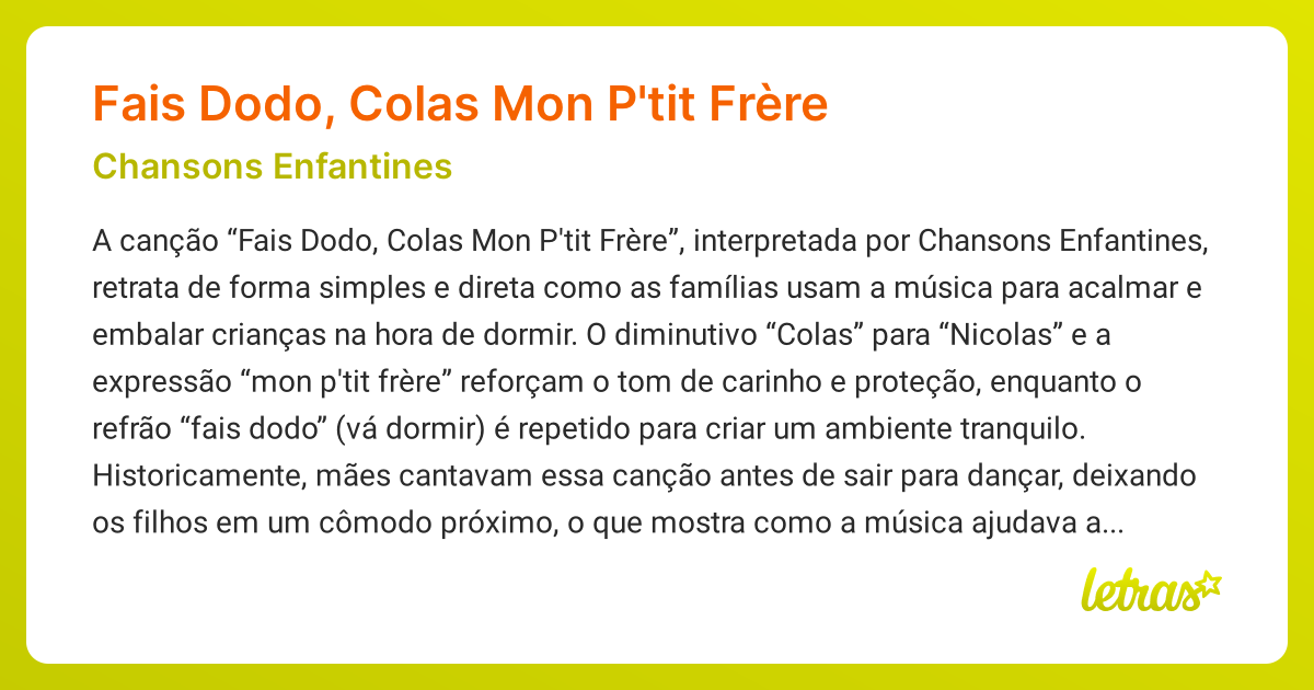Significado da música Fais Dodo, Colas Mon P'tit Frère (Chansons ...