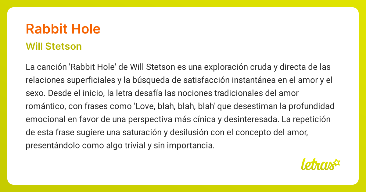 Significado de la canción RABBIT HOLE (Will Stetson) - LETRAS.COM
