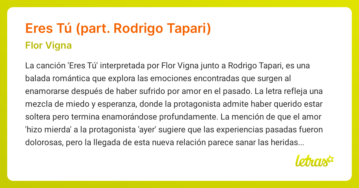 Significado de la canción Eres Tú (part. Rodrigo Tapari) (Flor Vigna ...