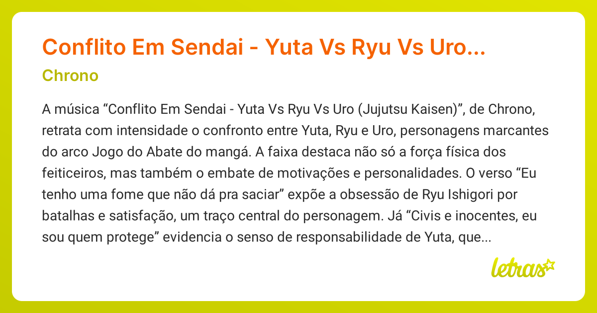 Significado da música Conflito Em Sendai - Yuta Vs Ryu Vs Uro (Jujutsu ...