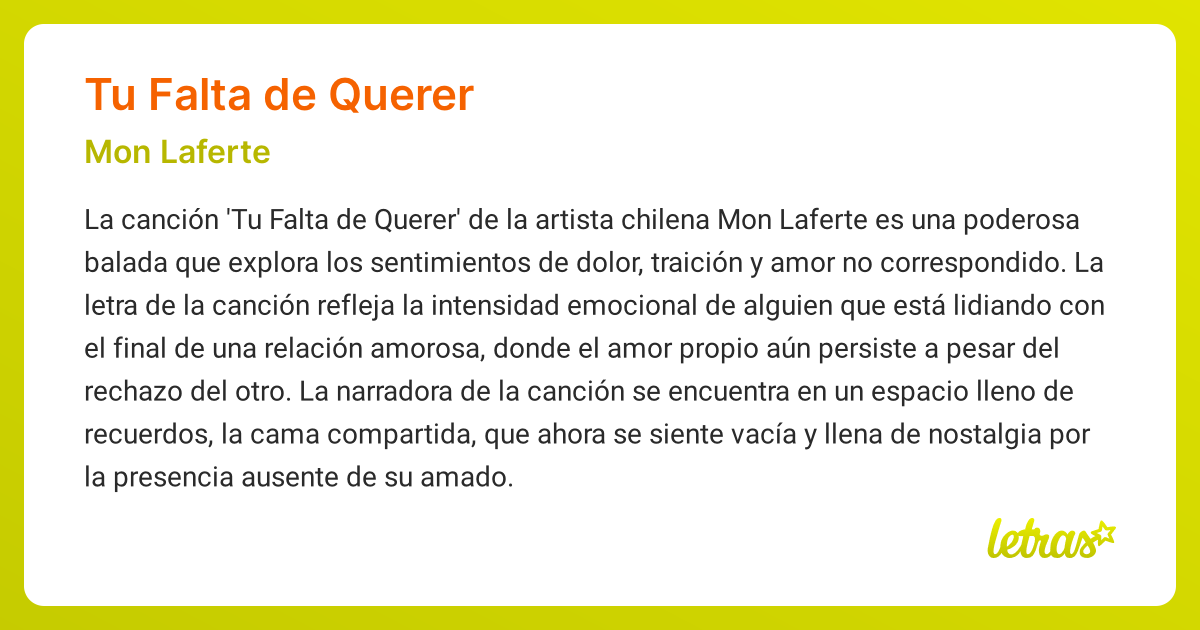 Significado de la canción TU FALTA DE QUERER (Mon Laferte) - LETRAS.COM