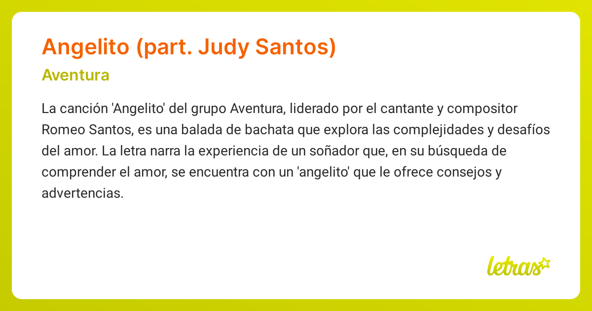 Significado de la canción ANGELITO (PART. JUDY SANTOS) (Aventura ...