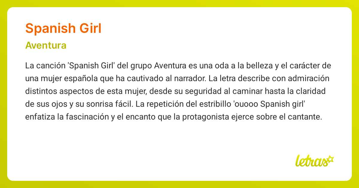 Significado de la canción SPANISH GIRL (Aventura) - LETRAS.COM