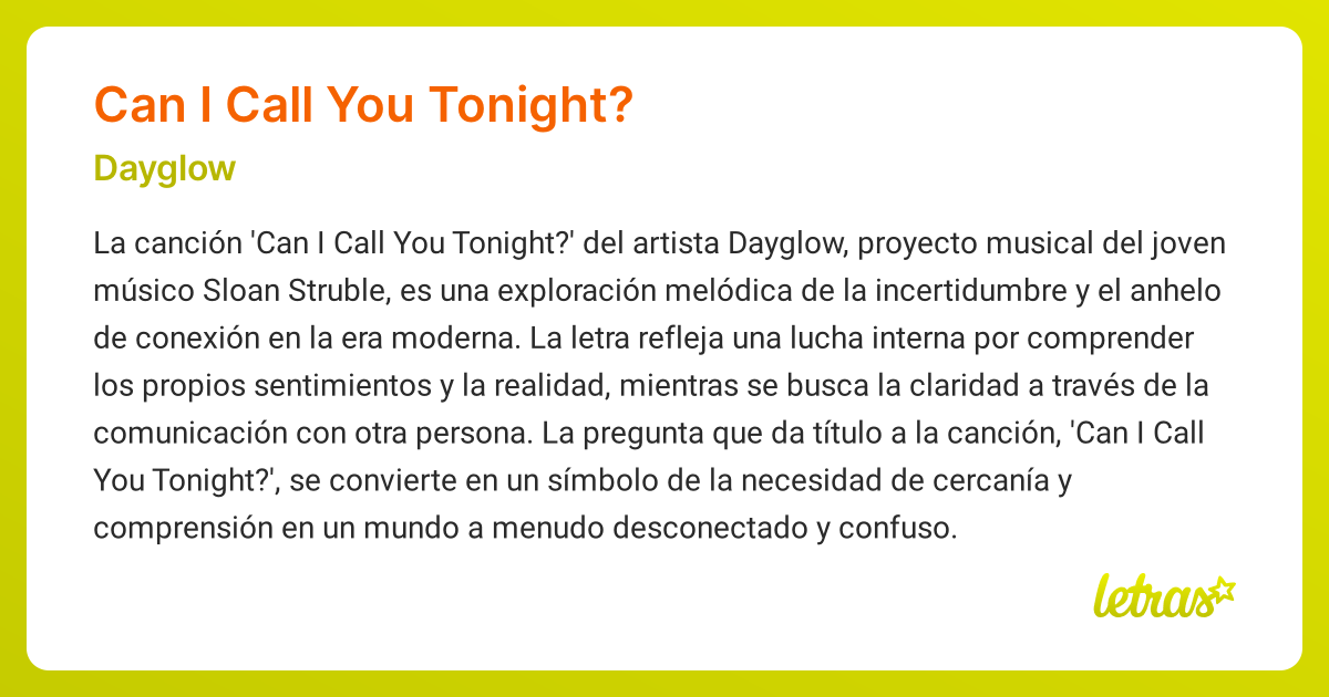 Significado de la canción CAN I CALL YOU TONIGHT? (Dayglow) - LETRAS.COM