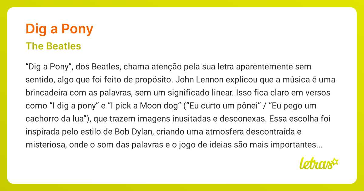 Significado da música DIG A PONY (The Beatles) - LETRAS.MUS.BR