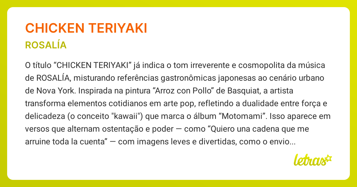 Significado da música CHICKEN TERIYAKI (ROSALÍA) - LETRAS.MUS.BR