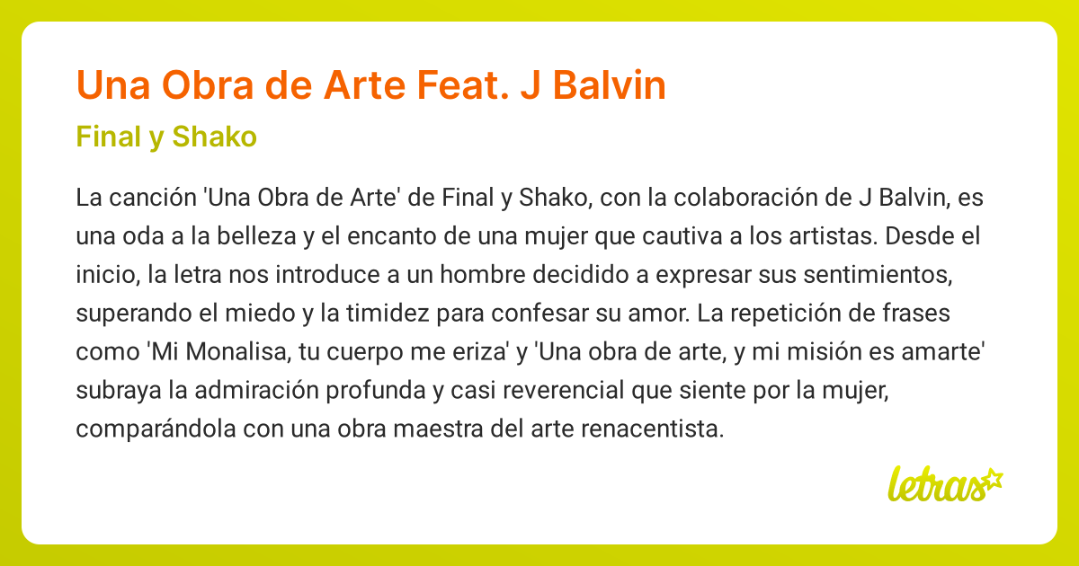 Significado de la canción Una Obra de Arte Feat. J Balvin (Final y ...