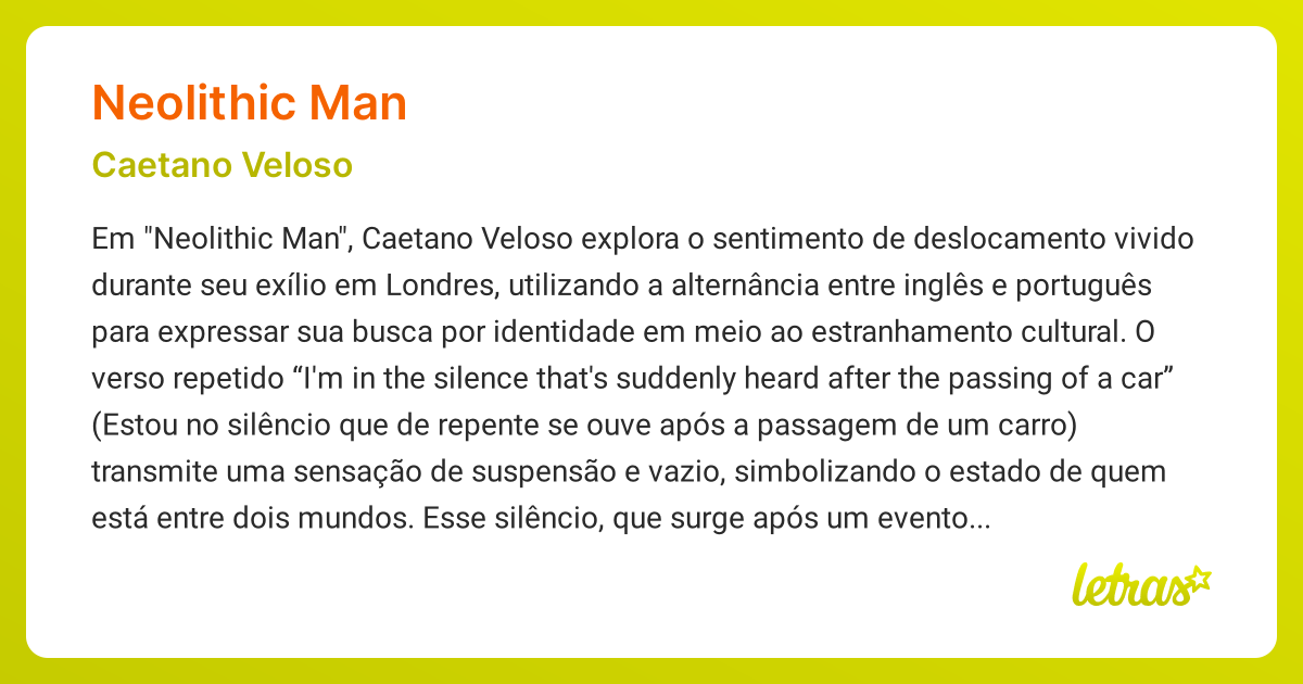 Significado da música NEOLITHIC MAN (Caetano Veloso) - LETRAS.MUS.BR