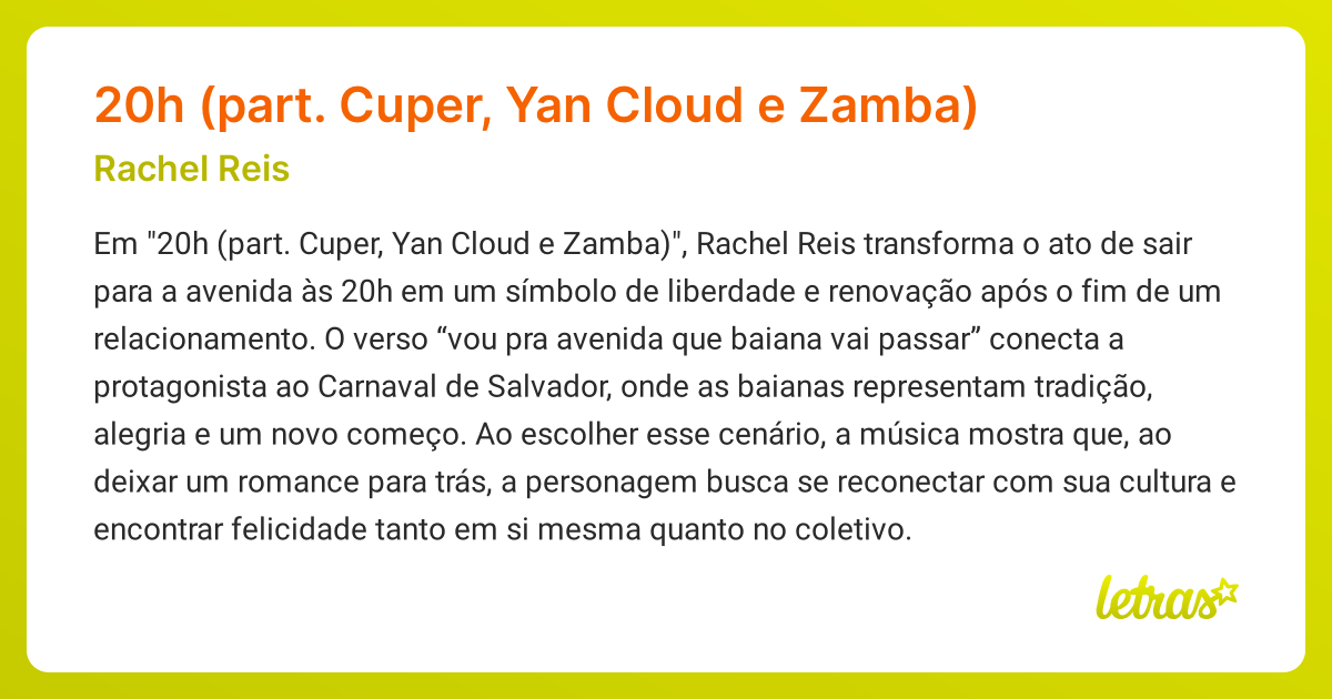 Significado da música 20h (part. Cuper, Yan Cloud e Zamba) (Rachel Reis ...
