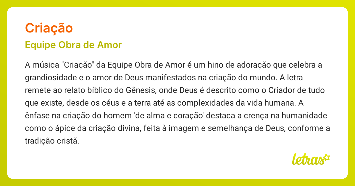 Significado da música CRIAÇÃO (Equipe Obra de Amor) - LETRAS.MUS.BR