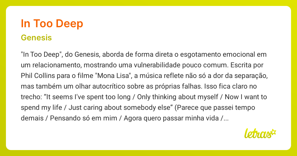 Significado da música IN TOO DEEP (Genesis) - LETRAS.MUS.BR