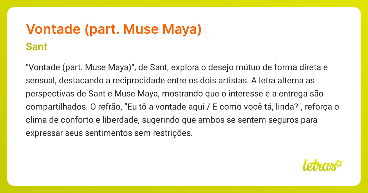 Significado da música VONTADE (PART. MUSE MAYA) (Sant) - LETRAS.MUS.BR