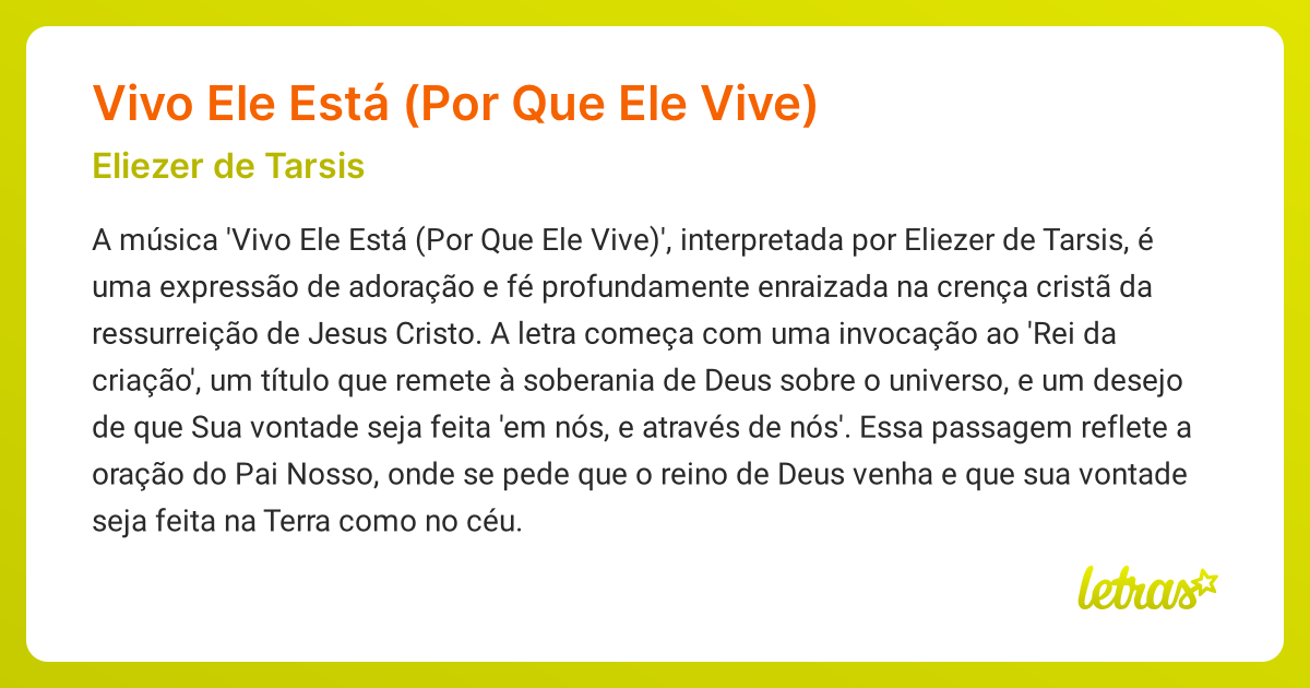 Significado da música Vivo Ele Está (Por Que Ele Vive) (Eliezer de ...
