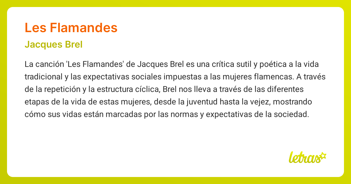 Significado de la canción LES FLAMANDES (Jacques Brel) - LETRAS.COM