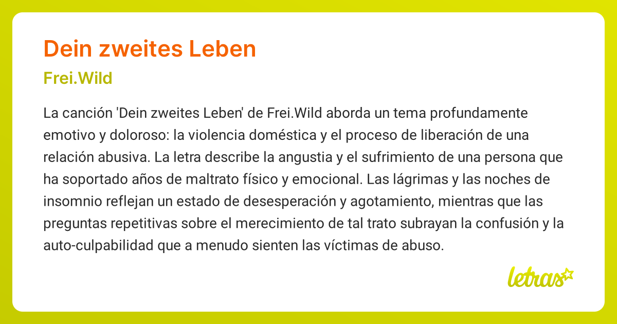 Significado de la canción DEIN ZWEITES LEBEN (Frei.Wild) - LETRAS.COM