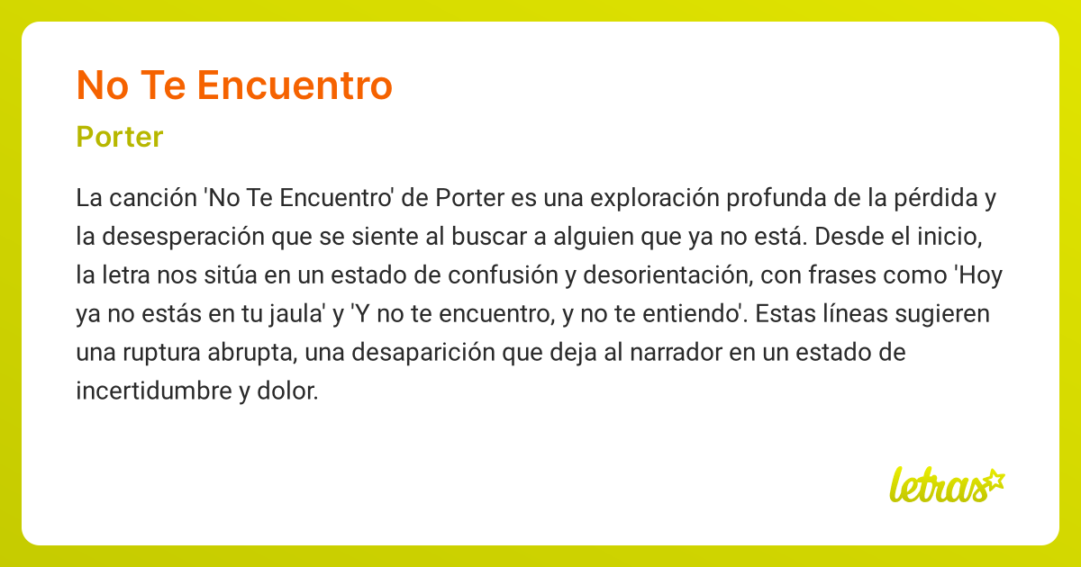 Significado de la canción NO TE ENCUENTRO (Porter) - LETRAS.COM
