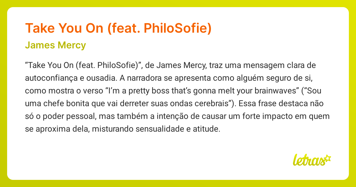 Significado da música TAKE YOU ON (FEAT. PHILOSOFIE) (James Mercy ...
