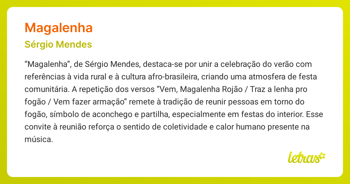 Significado da música MAGALENHA (Sérgio Mendes) - LETRAS.MUS.BR