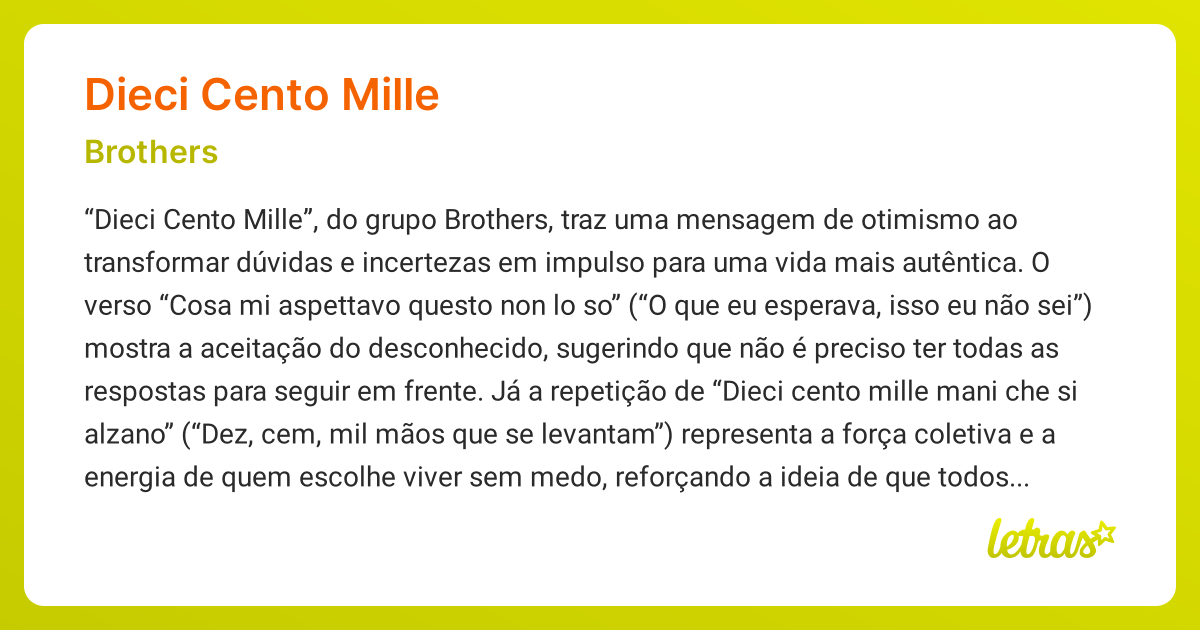 Significado da música DIECI CENTO MILLE (Brothers) - LETRAS.MUS.BR