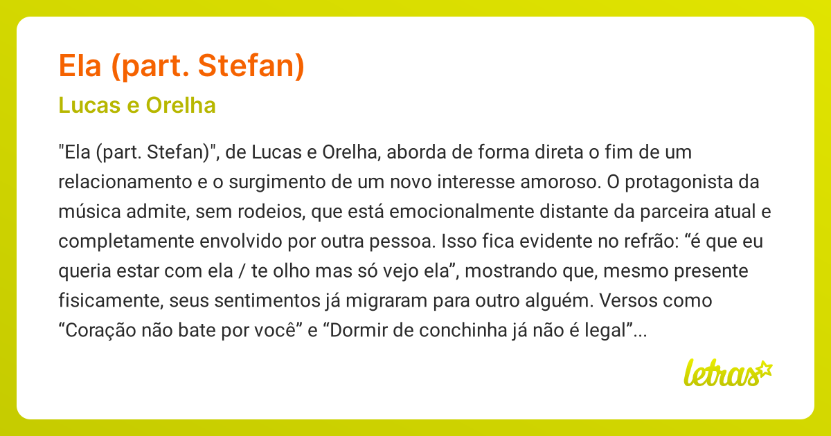 Significado da música ELA (PART. STEFAN) (Lucas e Orelha ) - LETRAS.MUS.BR