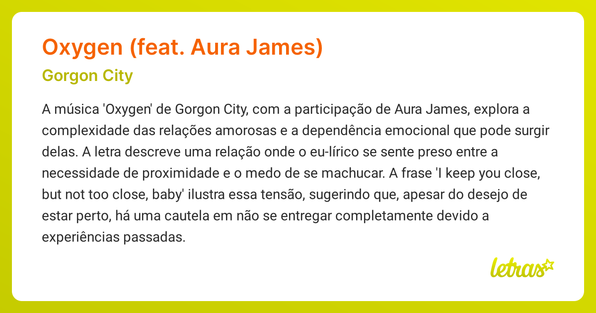 Significado da música OXYGEN (FEAT. AURA JAMES) (Gorgon City) - LETRAS ...