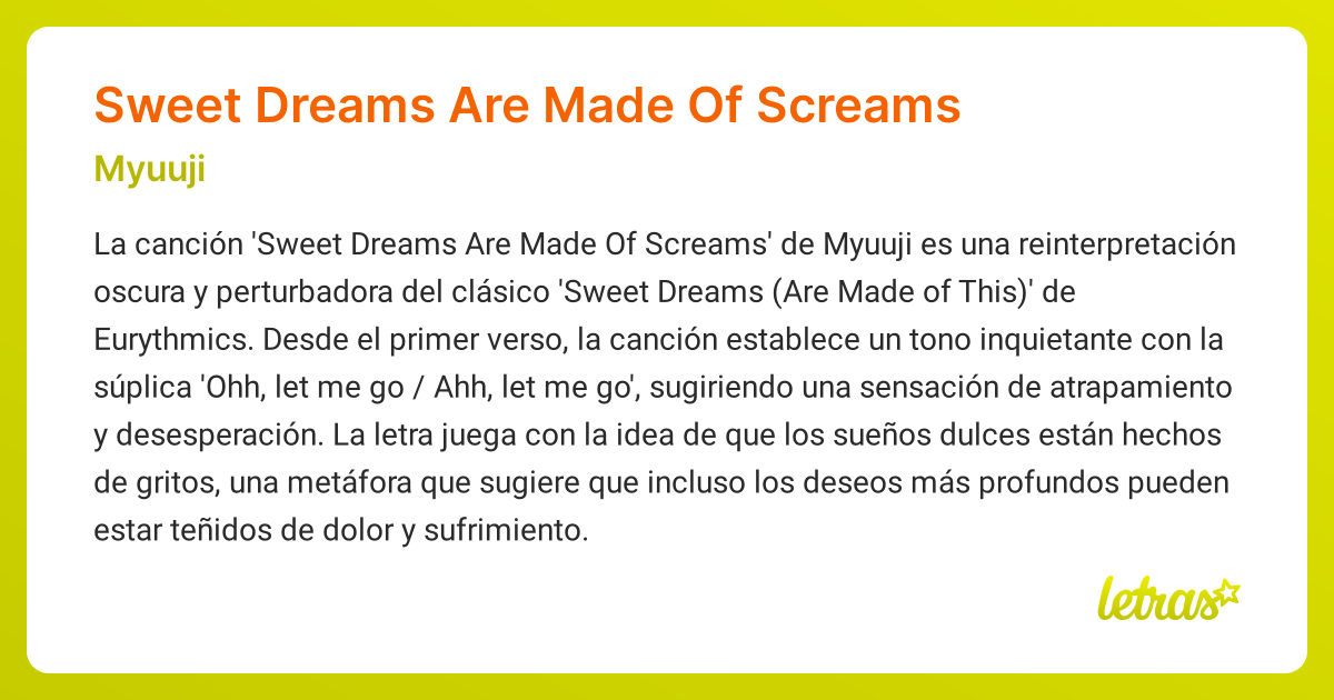 Significado de la canción Sweet Dreams Are Made Of Screams (Myuuji ...