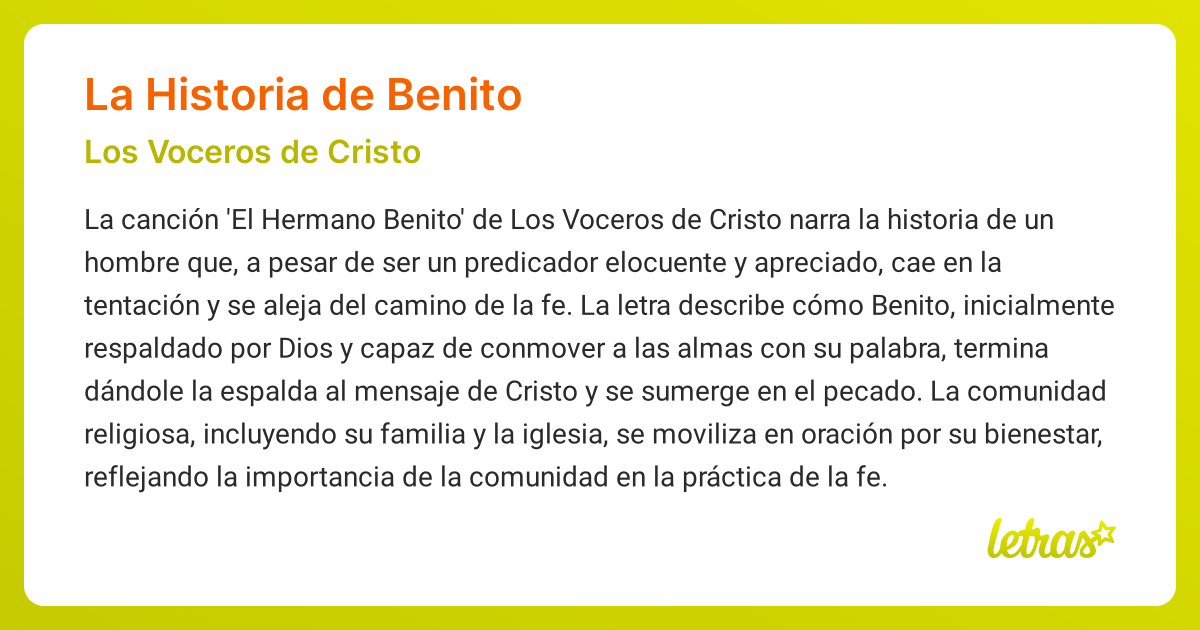 Significado de la canción LA HISTORIA DE BENITO (Los Voceros de Cristo ...
