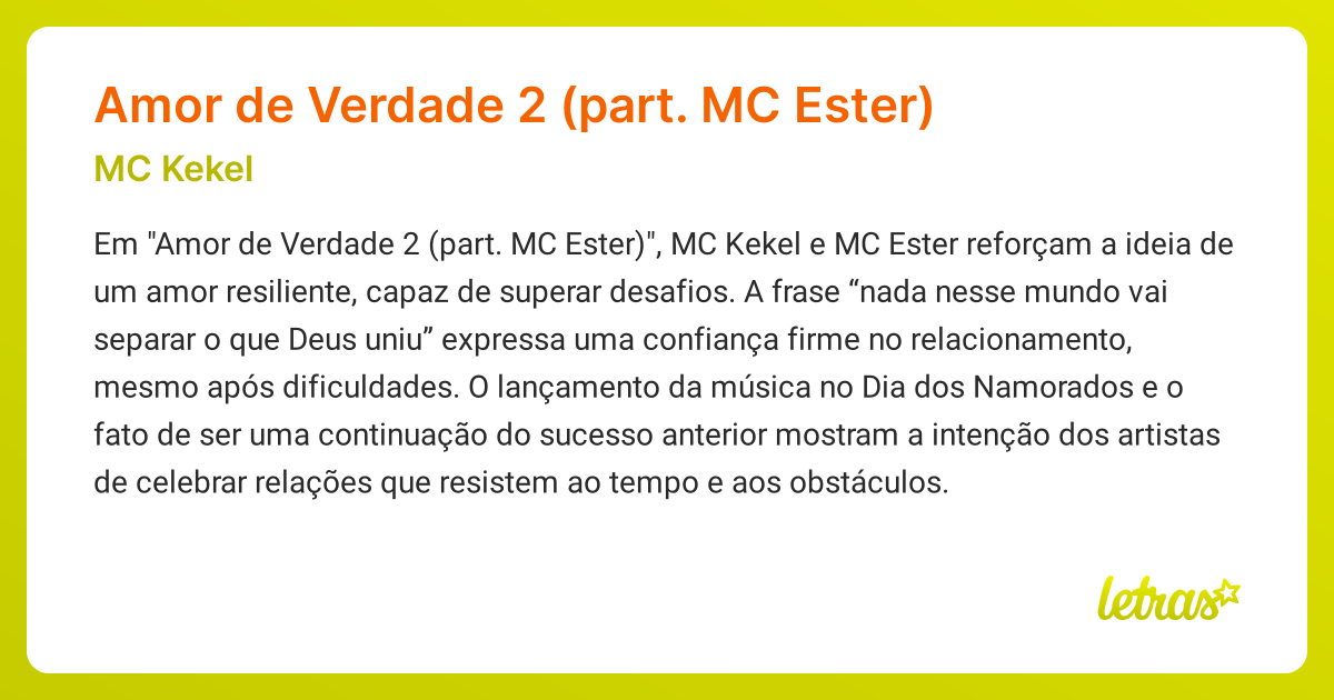 Significado da música Amor de Verdade 2 (part. MC Ester) (MC Kekel ...