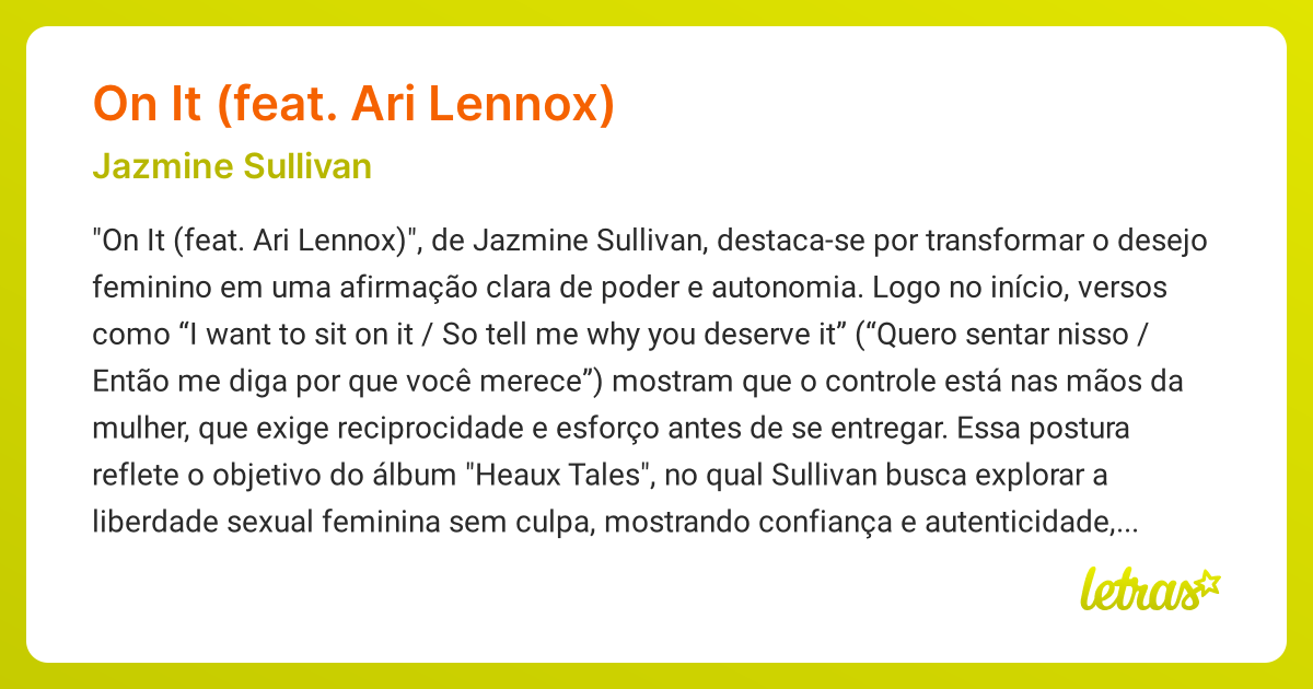 Significado da música ON IT (FEAT. ARI LENNOX) (Jazmine Sullivan ...
