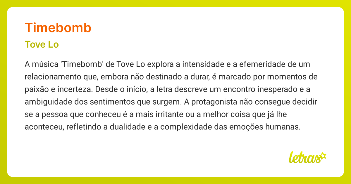 Significado da música TIMEBOMB (Tove Lo) - LETRAS.MUS.BR