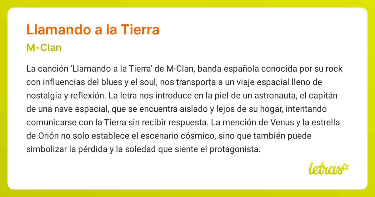 Significado de la canción LLAMANDO A LA TIERRA (M-Clan) - LETRAS.COM