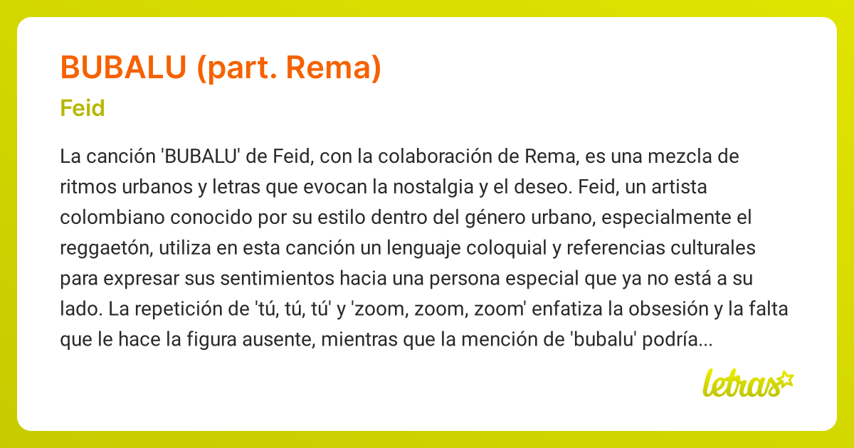 Significado de la canción BUBALU (PART. REMA) (Feid) - LETRAS.COM