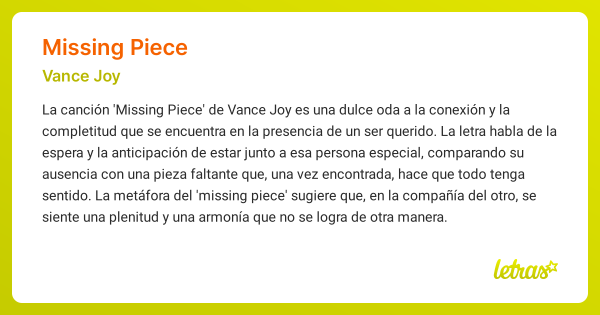 Significado de la canción MISSING PIECE (Vance Joy) - LETRAS.COM