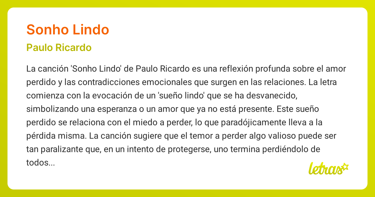Significado de la canción SONHO LINDO (Paulo Ricardo) - LETRAS.COM