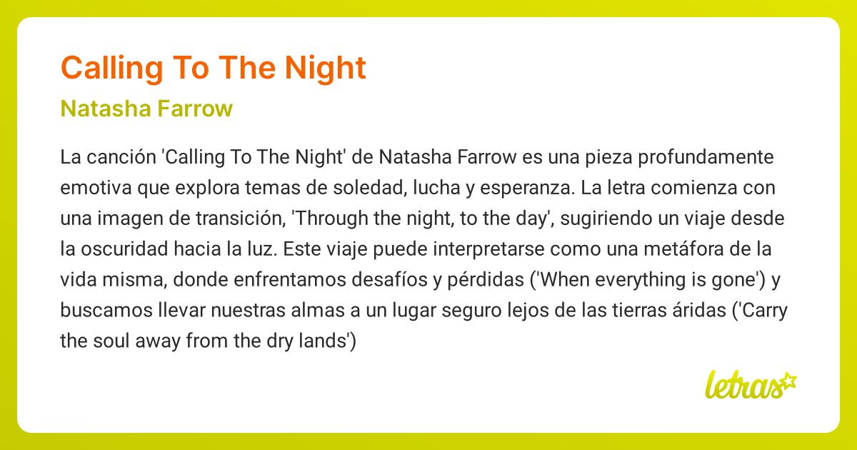 Significado de la canción CALLING TO THE NIGHT (Natasha Farrow ...