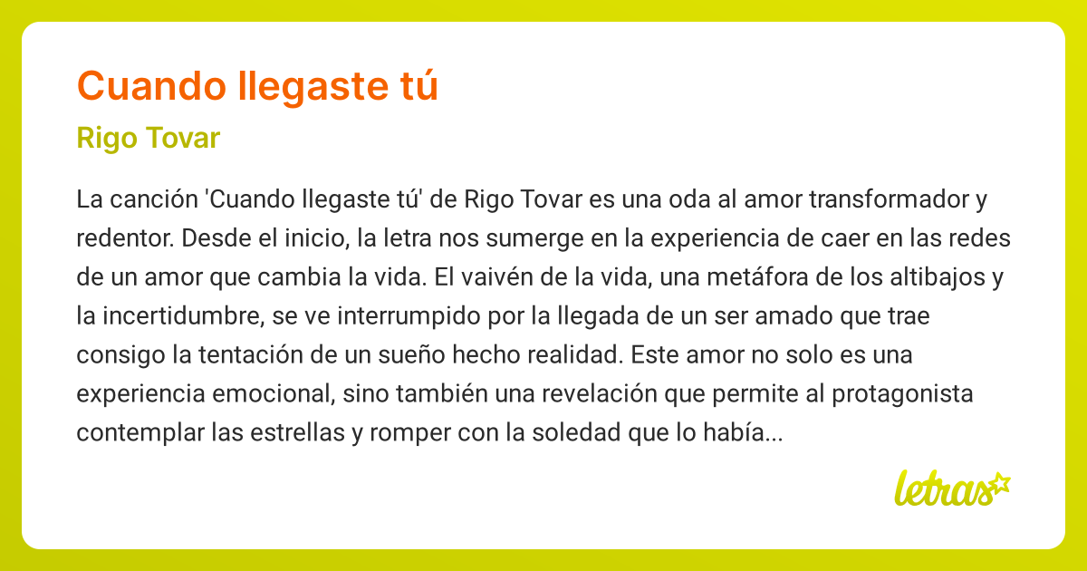 Significado de la canción CUANDO LLEGASTE TÚ (Rigo Tovar) - LETRAS.COM
