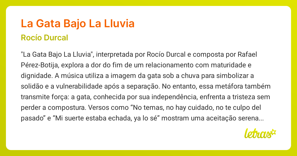 Significado da música LA GATA BAJO LA LLUVIA (Rocío Durcal) - LETRAS.MUS.BR