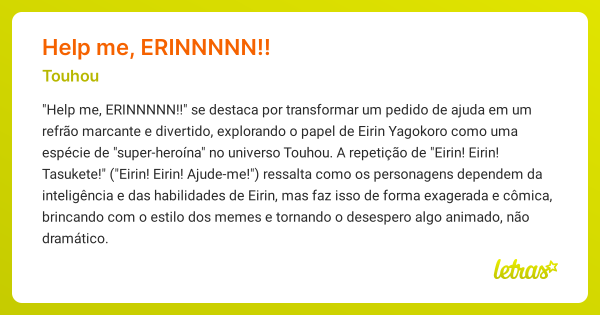 Significado da música HELP ME, ERINNNNN!! (Touhou) - LETRAS.MUS.BR