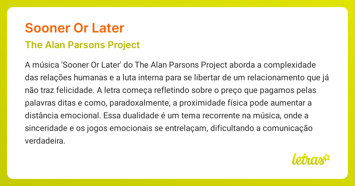 Significado da música SOONER OR LATER (The Alan Parsons Project ...