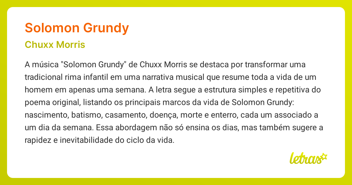 Significado da música SOLOMON GRUNDY (Chuxx Morris) - LETRAS.MUS.BR