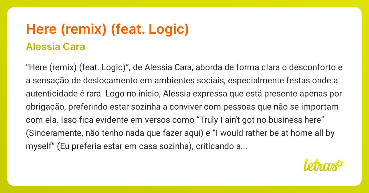 Significado da música HERE (REMIX) (FEAT. LOGIC) (Alessia Cara ...