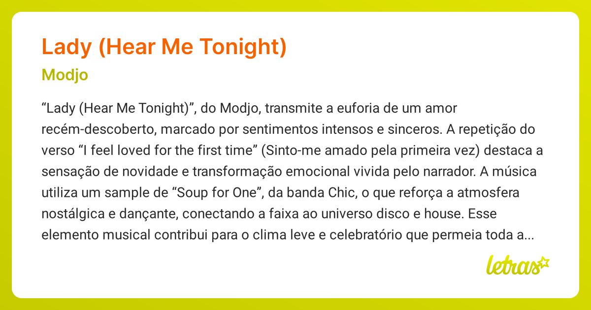 Significado da música LADY (HEAR ME TONIGHT) (Modjo) - LETRAS.MUS.BR