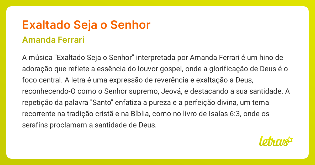 Significado da música EXALTADO SEJA O SENHOR (Amanda Ferrari) - LETRAS ...