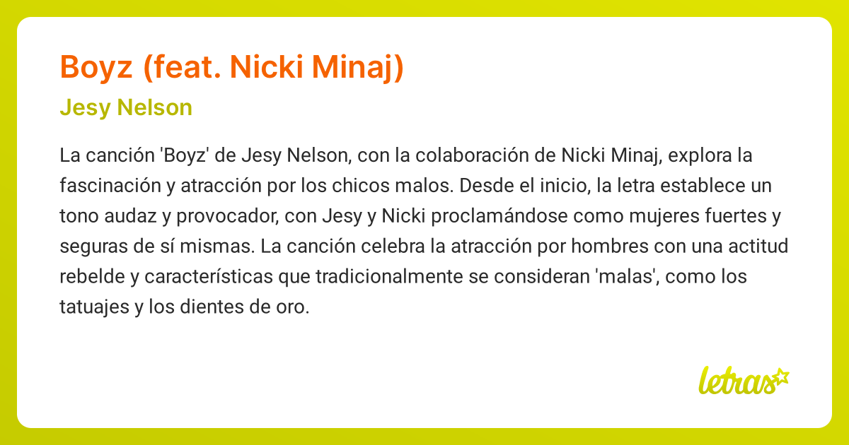 Significado de la canción BOYZ (FEAT. NICKI MINAJ) (Jesy Nelson ...