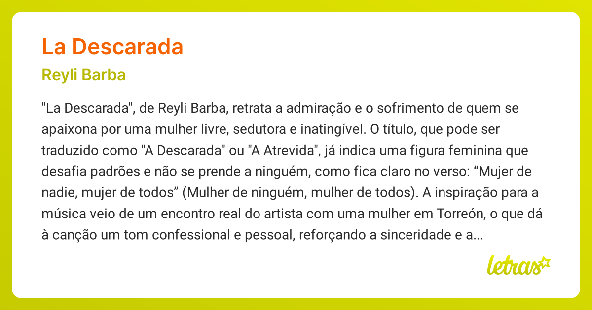 Significado da música LA DESCARADA (Reyli Barba) - LETRAS.MUS.BR