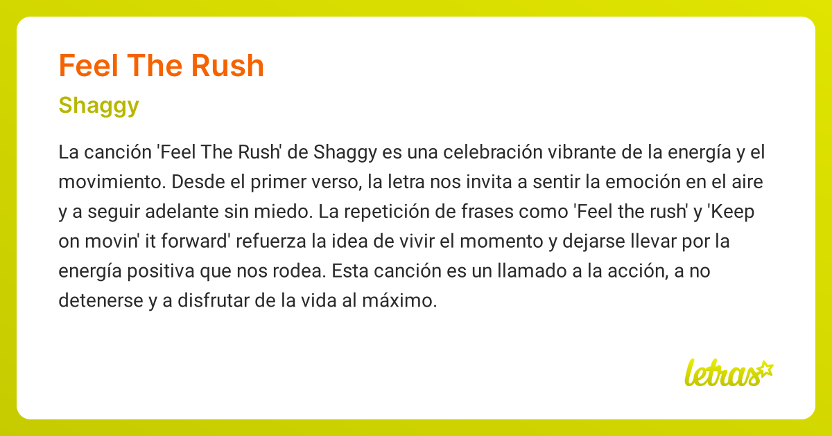 Significado de la canción FEEL THE RUSH (Shaggy) - LETRAS.COM
