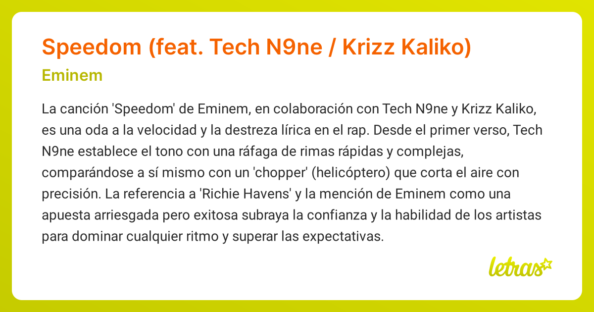 Significado de la canción Speedom (feat. Tech N9ne / Krizz Kaliko ...