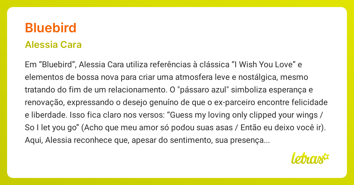 Significado da música BLUEBIRD (Alessia Cara) - LETRAS.MUS.BR